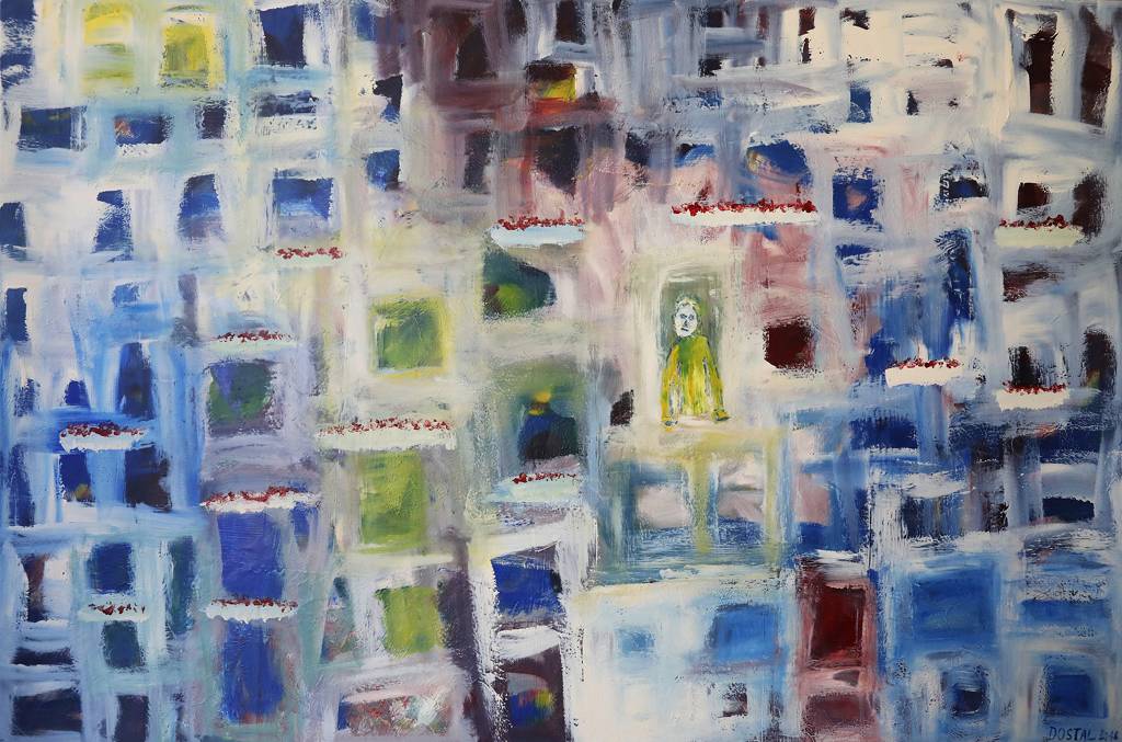 Nameless man among anonymous windows with uniform flower boxes by Ivana ...