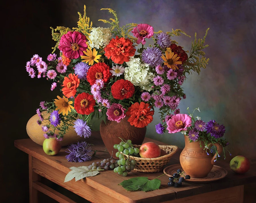 Still life with autumn flowers and fruits by Tatyana Skorokhod ...