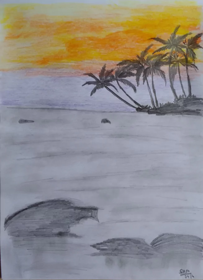 Beach Sunset Colored Pencil Drawing